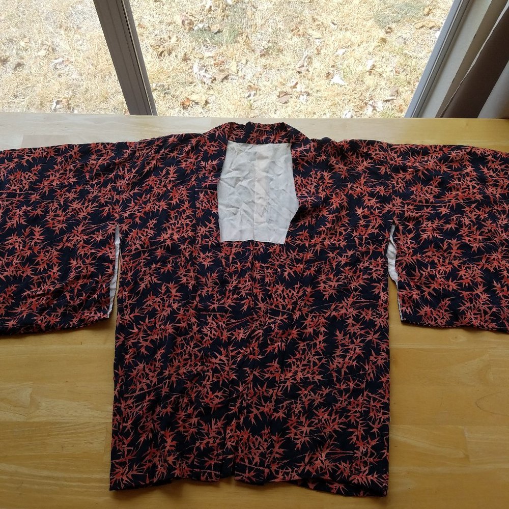 Women's Japanese Haori Black With Orange Leaf Pattern… - Gem